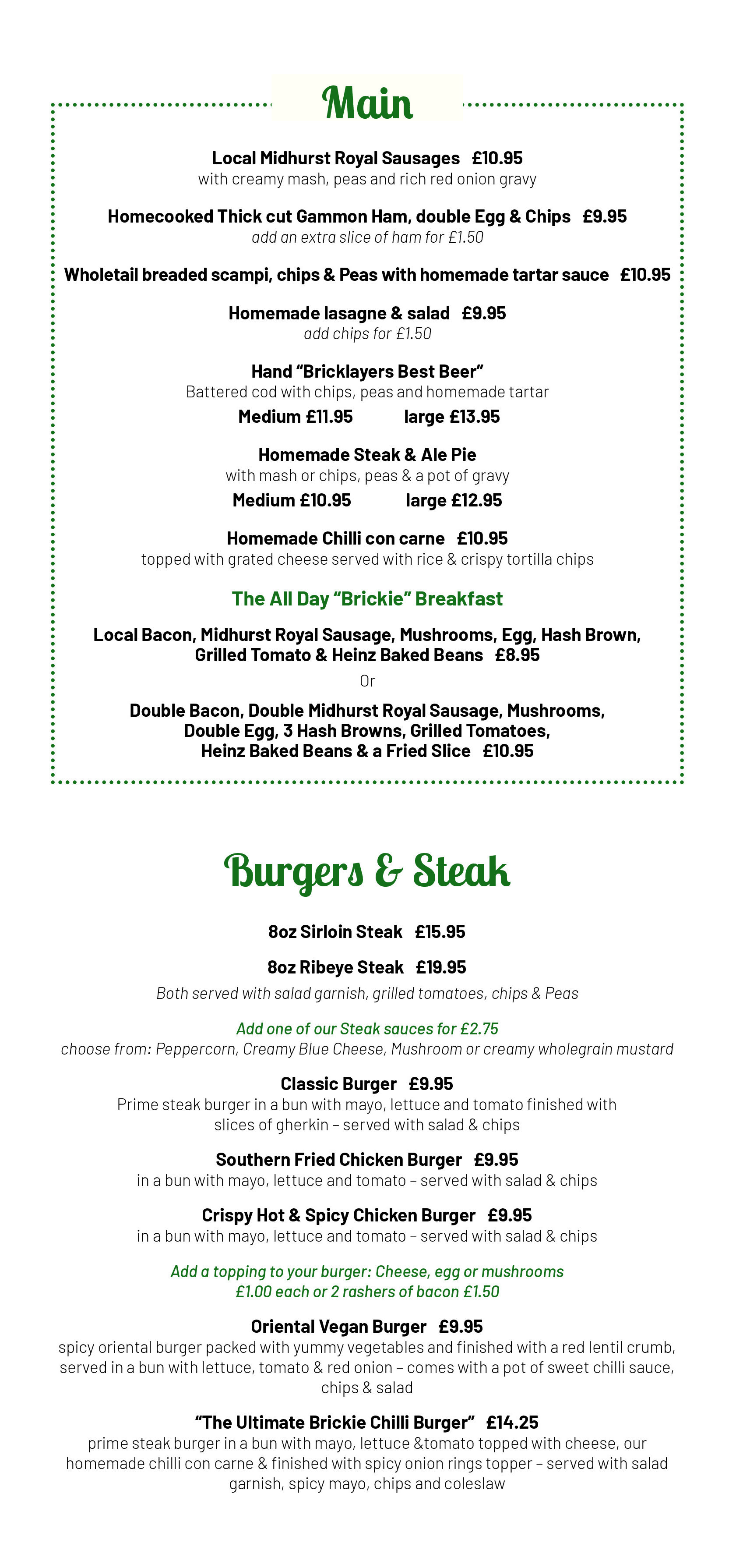 Menu - Bricklayers